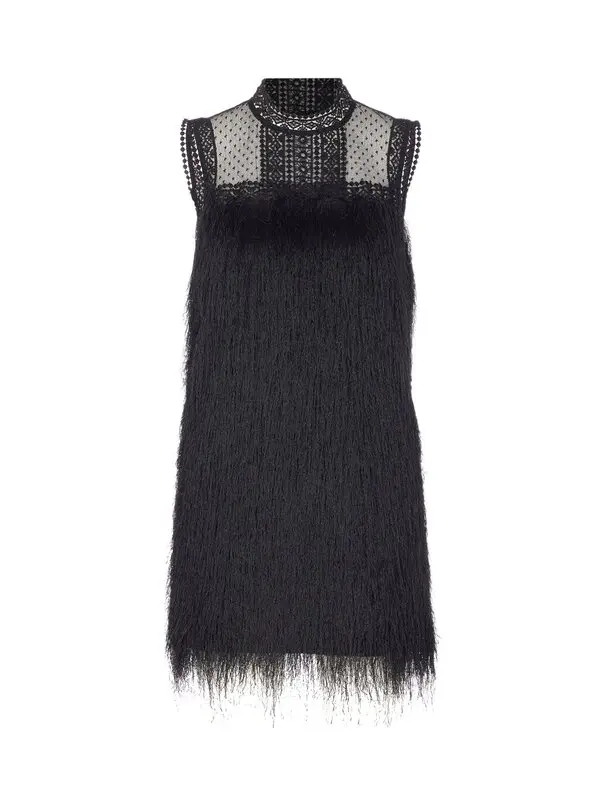 TWINSET Sleeveless High Neck Fringed Mini Dress - Black