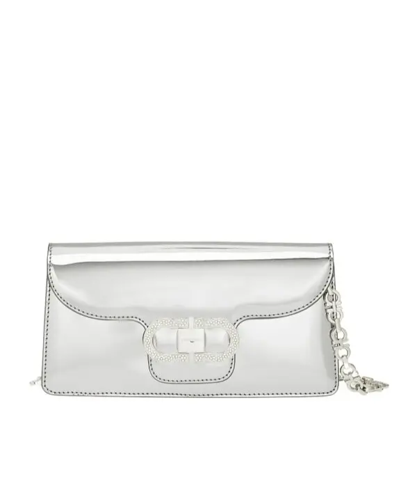 FERRAGAMO Double Gancini Chain Mini Clutch Bag - Silver