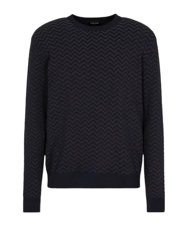 Giorgio Armani Plated Chevron Virgin Wool Crew Neck Jumper - Blue