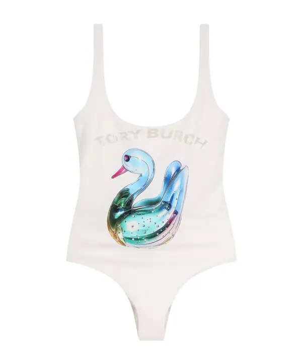 Tory Burch Sleeveless Printed Swan Embellished One-piece Swimsuit - White