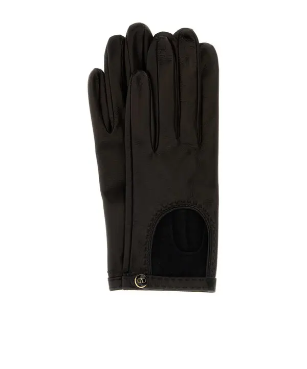 Valentino Garavani Perforated Leather Gloves With Vlogo Signature Button - Black