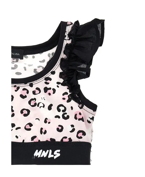 Monnalisa Leopard Print Cropped Tank Top With Ruffle Sleeves