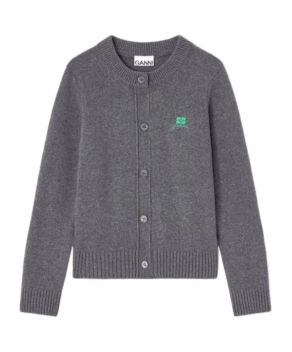 GANNI Logo Embroidered Crewneck Cardigan - Grey