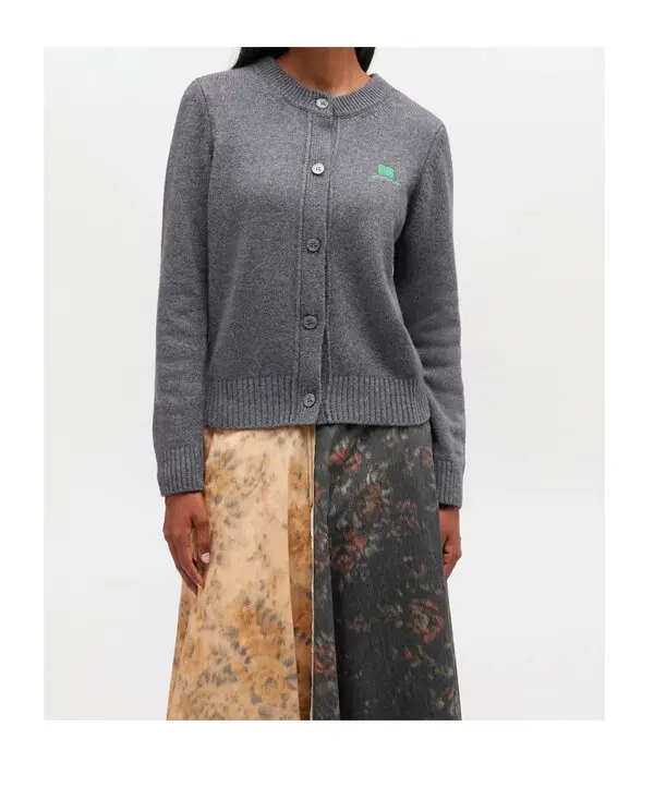 GANNI Logo Embroidered Crewneck Cardigan - Grey