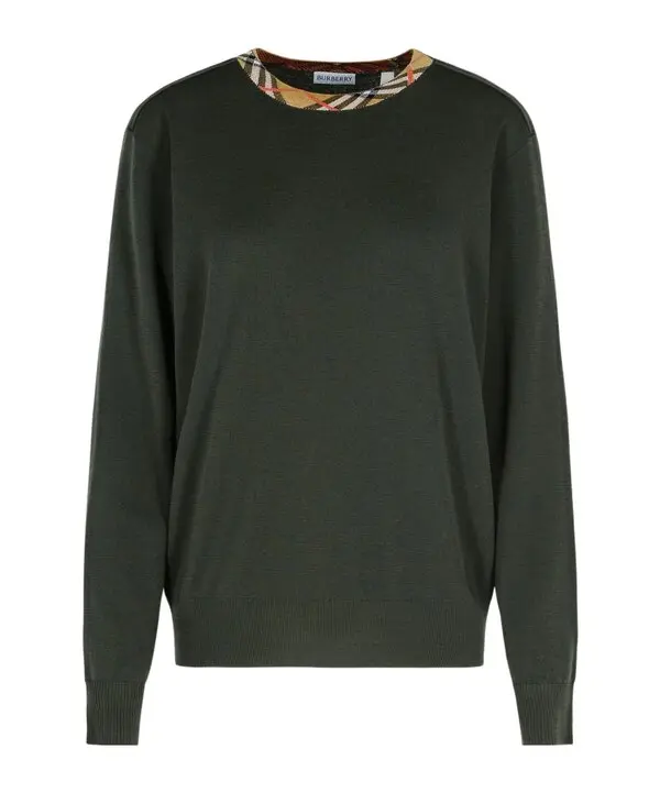 Burberry Checked Neck Knitted Jumper - Dark Green