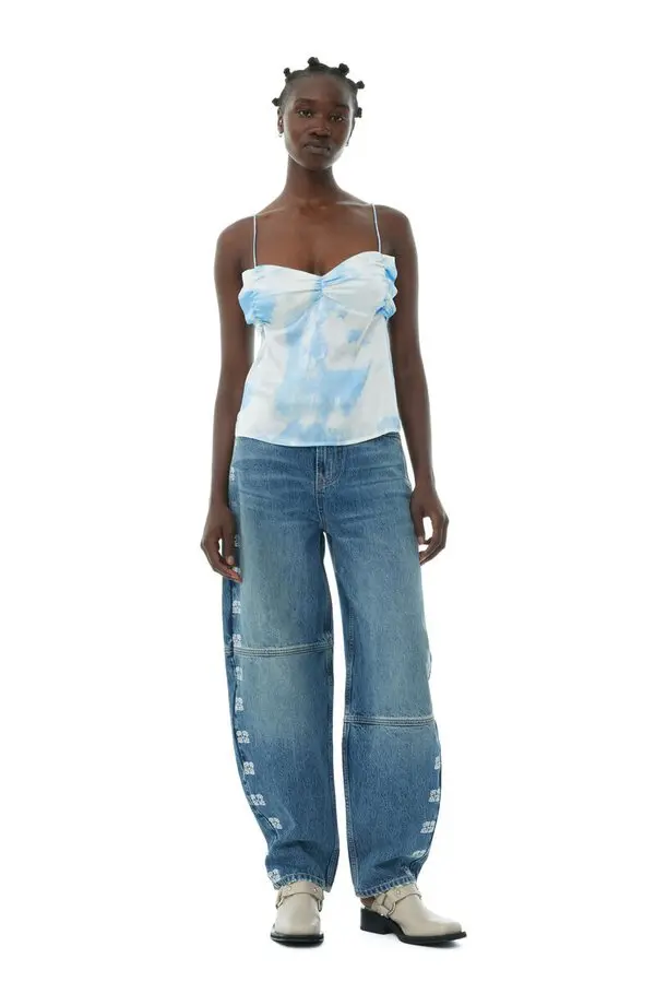 GANNI Sweetheart Neck Tie-dye Satin Top