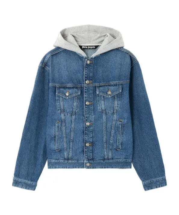 Palm Angels Curved Logo Denim Jacket With Integrated Hoodie - Medium Blue Melange Grey