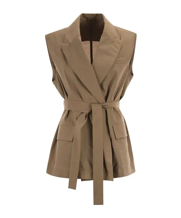 Brunello Cucinelli Sleeveless Belted Waistcoat With Pointed Collar - Brown
