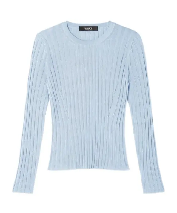 Versace Ribbed Knit Crewneck Top With Long Sleeves - Blue