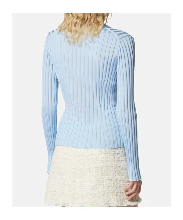 Versace Ribbed Knit Crewneck Top With Long Sleeves - Blue