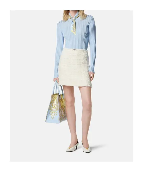 Versace Ribbed Knit Crewneck Top With Long Sleeves - Blue