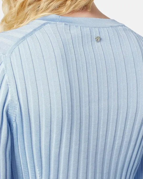 Versace Ribbed Knit Crewneck Top With Long Sleeves - Blue