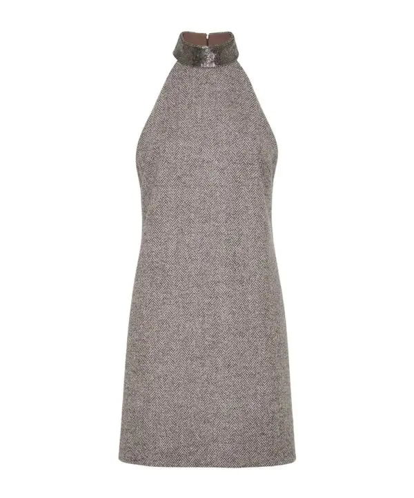 Brunello Cucinelli Sleeveless Herringbone Tweed High Collar Dress