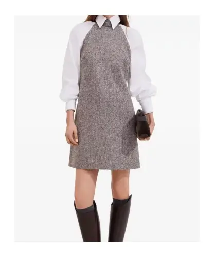 Brunello Cucinelli Sleeveless Herringbone Tweed High Collar Dress
