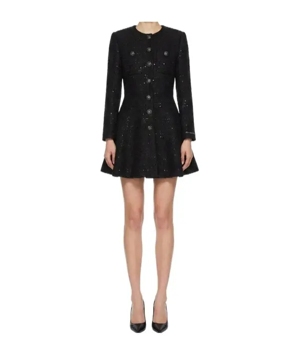 Marissa Chiara Textured Tweed Dress With Button Front And Crew Neckline