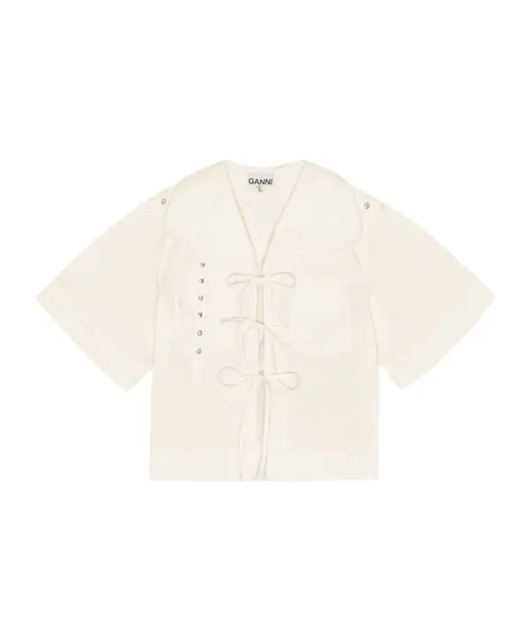 GANNI V-neck Tie Detail Stretch Blouse - Off White