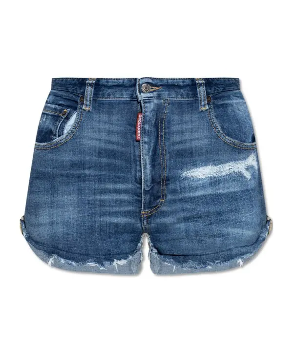 Dsquared2 Logo Patch Distressed Shorts - Blue