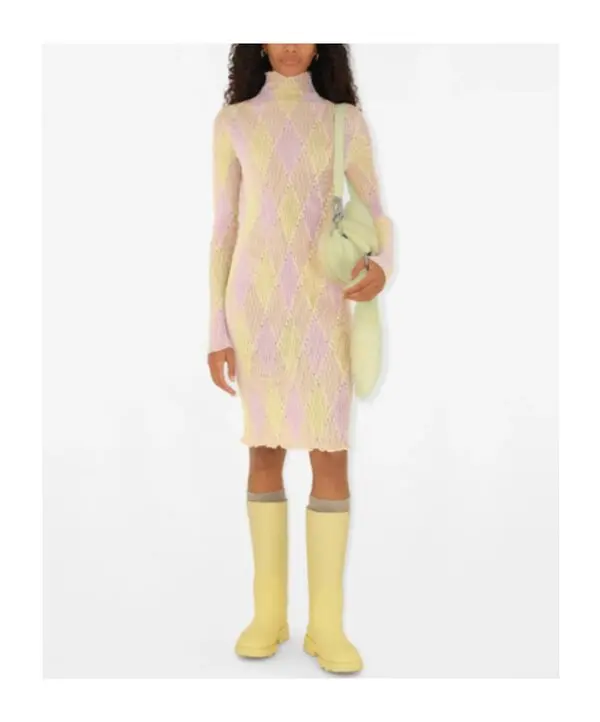 Burberry Ribbed-knit Argyle Long-sleeved Dress - Nude