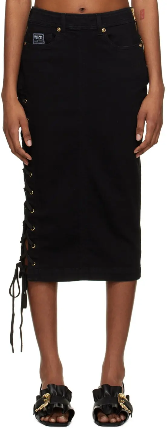 Versace Lace-up Detailed Midi Denim Skirt