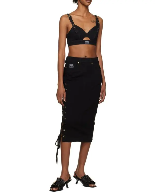 Versace Lace-up Detailed Midi Denim Skirt
