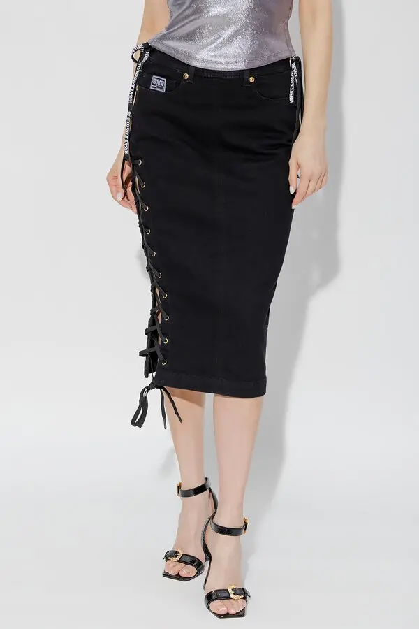 Versace Lace-up Detailed Midi Denim Skirt