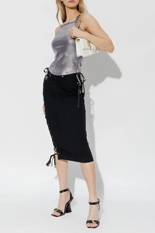 Versace Lace-up Detailed Midi Denim Skirt