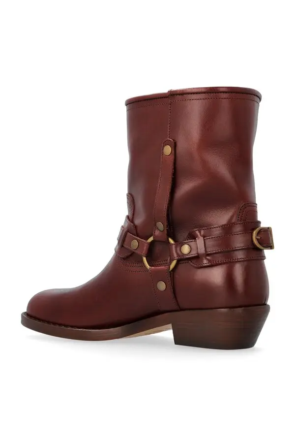 Isabel Marant Étoile Round Toe Short Boots With Vintage Gold Buckle Detail - Red