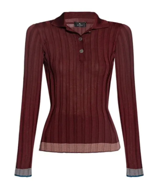 Etro Pegaso Button Ribbed Knit Polo Shirt - Red