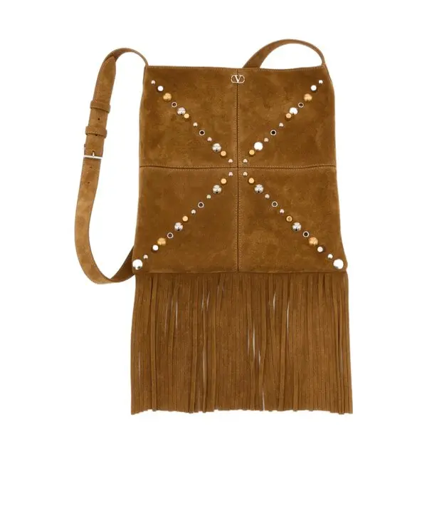 Valentino Garavani Nellcôte Embellished Fringed Edge Shoulder Bag - Brown