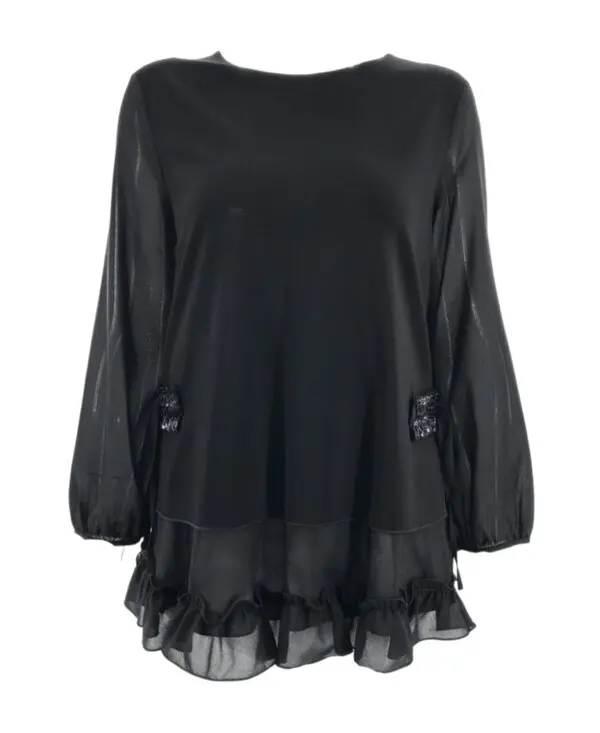 Max Mara Round Neck Long Sleeve Blouse With Ruffle Hem - Black