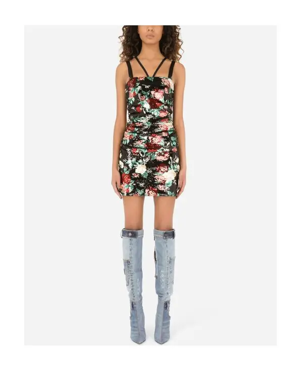 Dolce & Gabbana Floral Sequin Embellished Mini Dress - Black