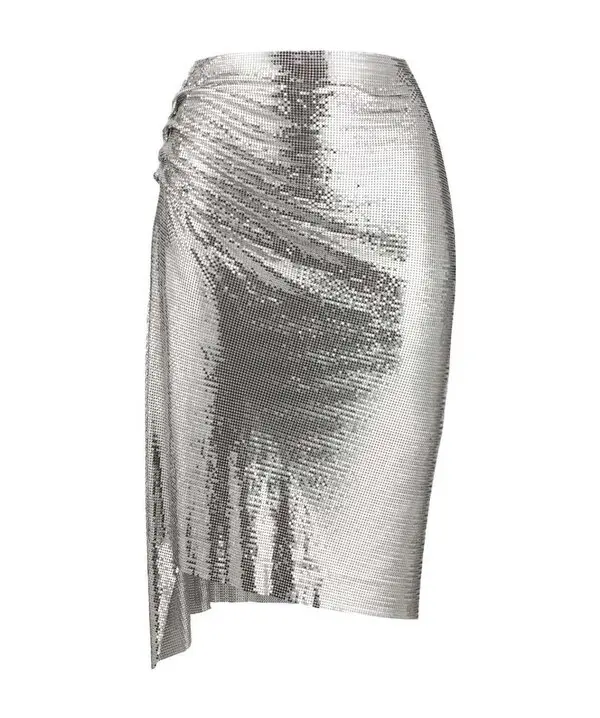 Rabanne Asymmetric Metallic Ruched Midi Skirt - Gray
