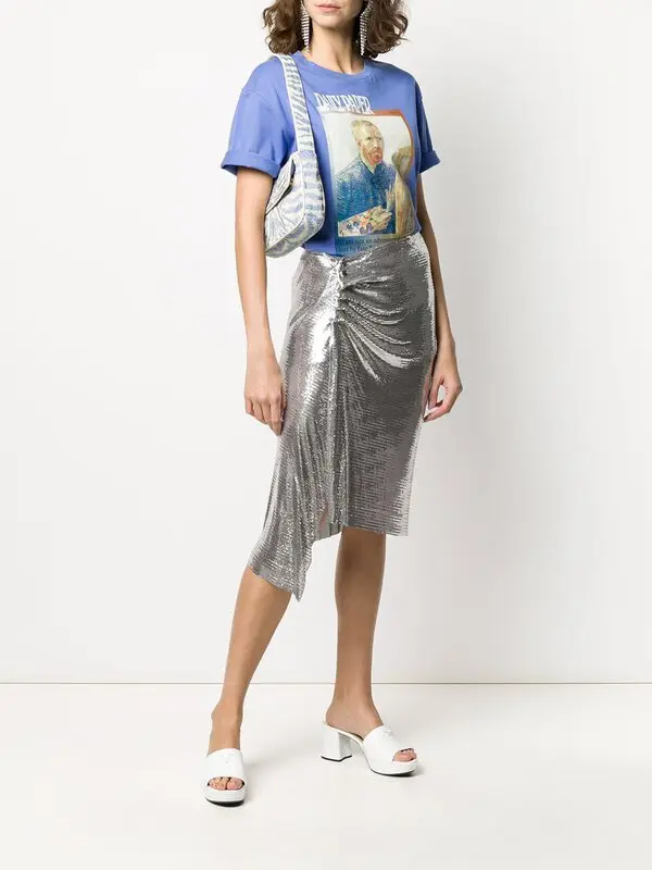 Rabanne Asymmetric Metallic Ruched Midi Skirt