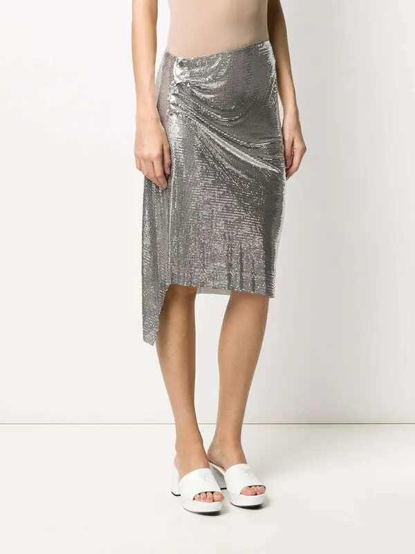 Rabanne Asymmetric Metallic Ruched Midi Skirt