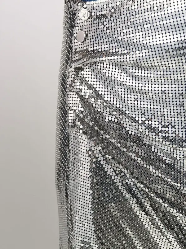 Rabanne Asymmetric Metallic Ruched Midi Skirt