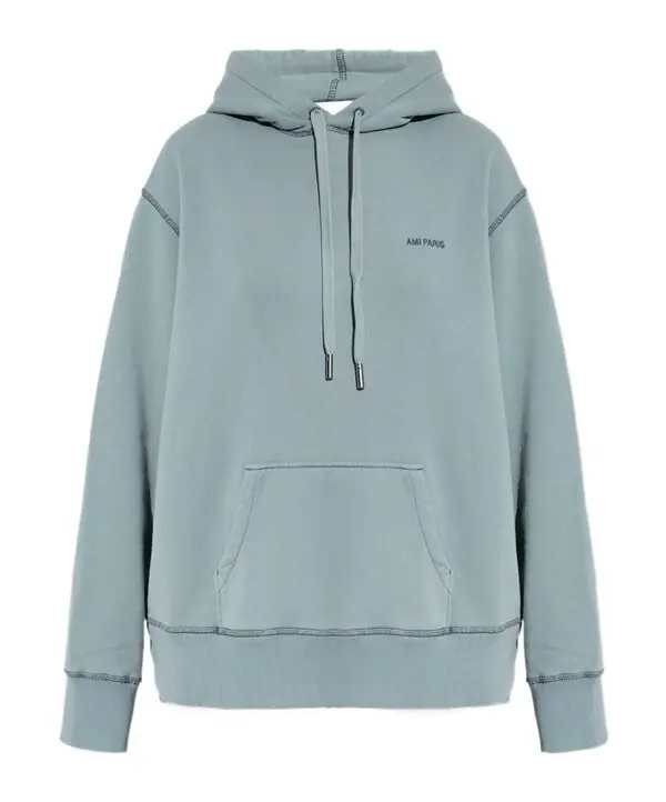 AMI Paris Logo Embroidered Drawstring Hoodie - Blue