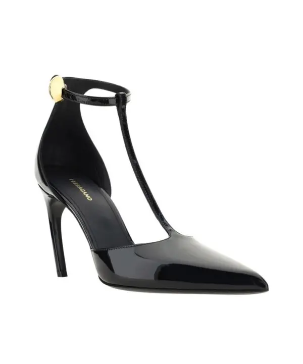 FERRAGAMO T-strap Pointed-toe High Heel Pumps - Black