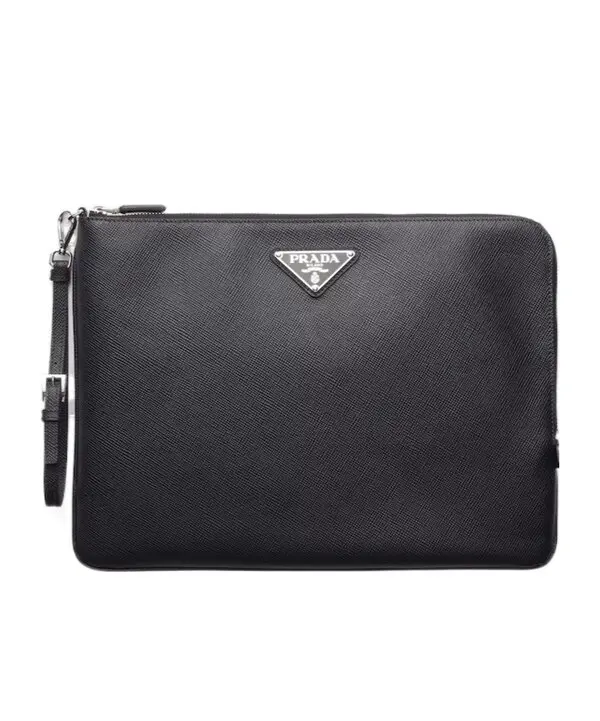 Prada Large Saffiano Leather Pouch With Removable Wristband - Black