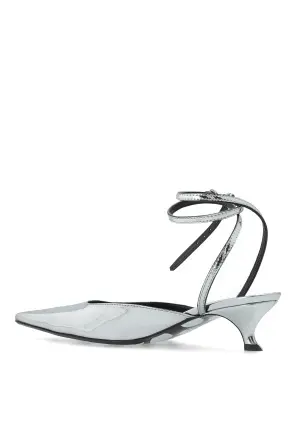 Moschino Metallic Pointed Toe Kitten Heel Pumps With Adjustable Ankle Strap - Gray