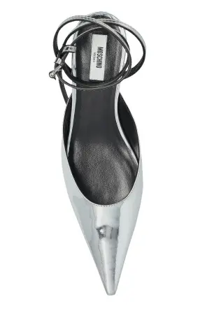 Moschino Metallic Pointed Toe Kitten Heel Pumps With Adjustable Ankle Strap - Gray