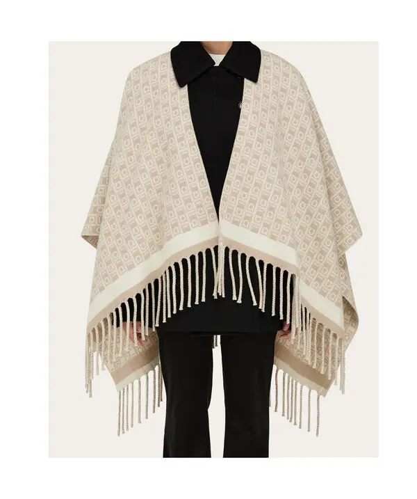 FERRAGAMO Gancini-pattern Fringed Cape - Mascarpone