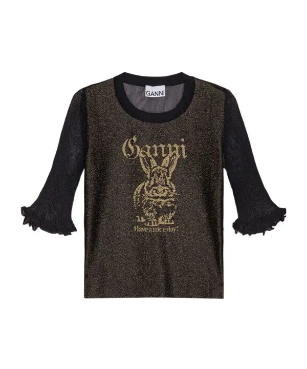 GANNI Sheer Jacquard Top With Graphic Motif - Black