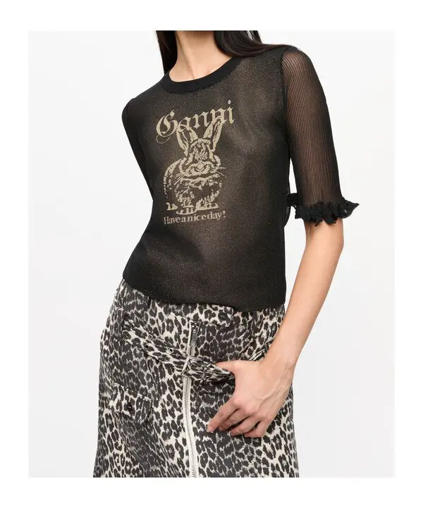 GANNI Sheer Jacquard Top With Graphic Motif - Black