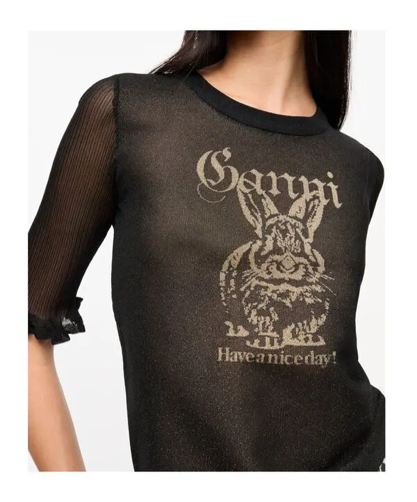 GANNI Sheer Jacquard Top With Graphic Motif - Black