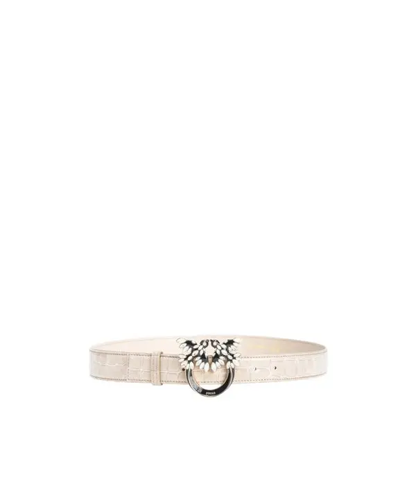 Pinko Galleria 3cm Shiny Croc-print Belt With Love Birds Buckle - Nude