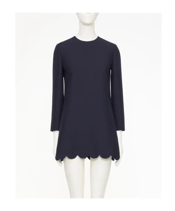 Valentino Garavani Crewneck Long Sleeve Scalloped Hem Mini Dress