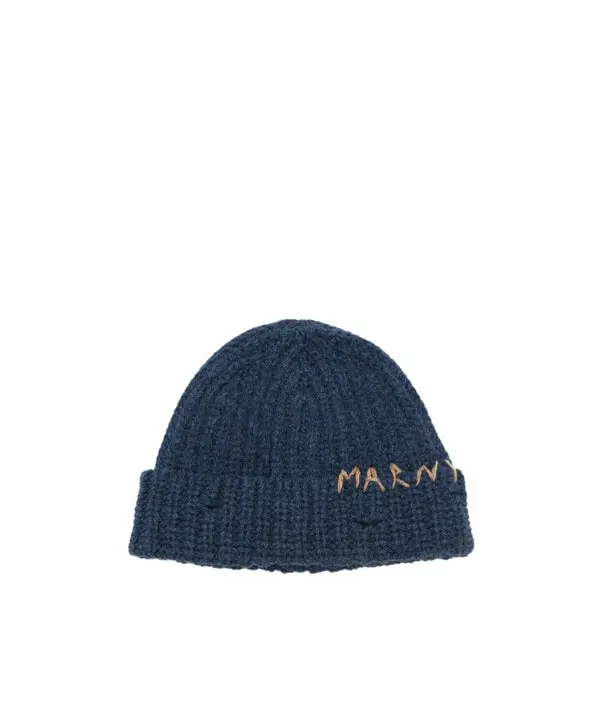 Marni Logo Embroidered Knitted Beanie - Navy Blue