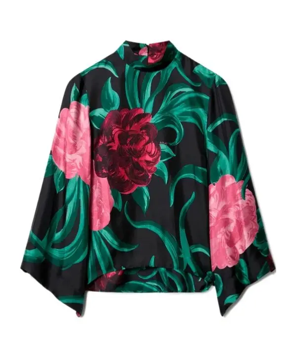 La DoubleJ Peony Print High Neck Silk Top - Multicolor