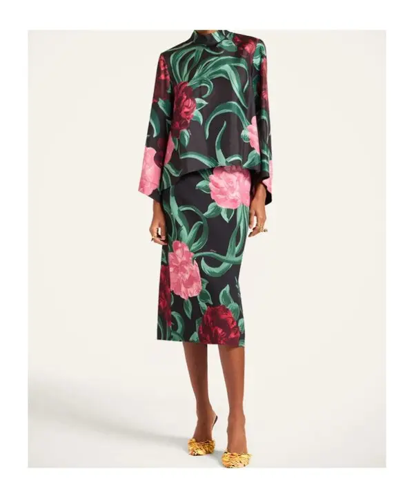 La DoubleJ Peony Print High Neck Silk Top