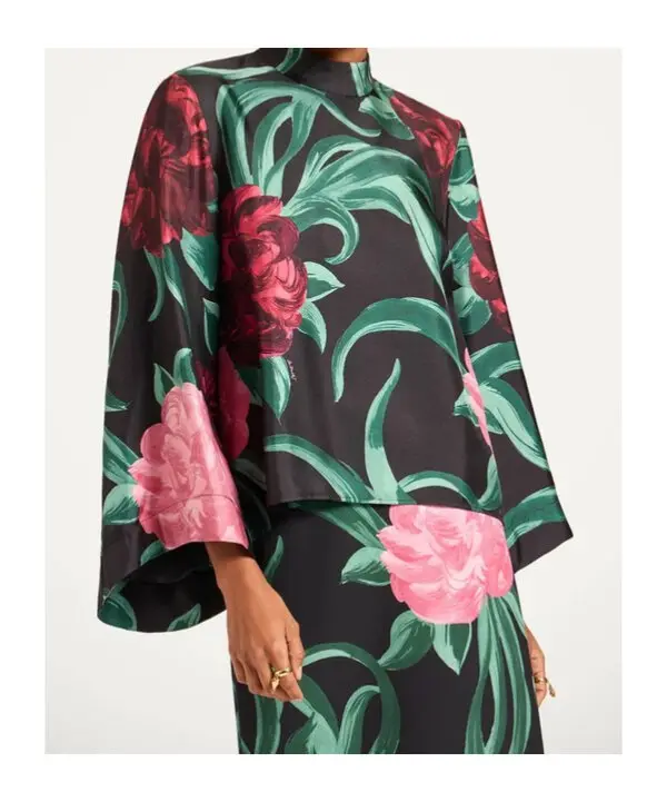 La DoubleJ Peony Print High Neck Silk Top